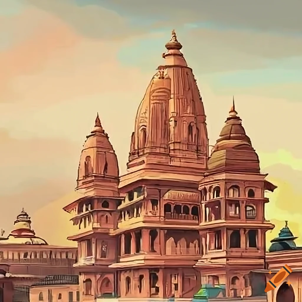 Ayodhya city line art, depicting ancient architecture
