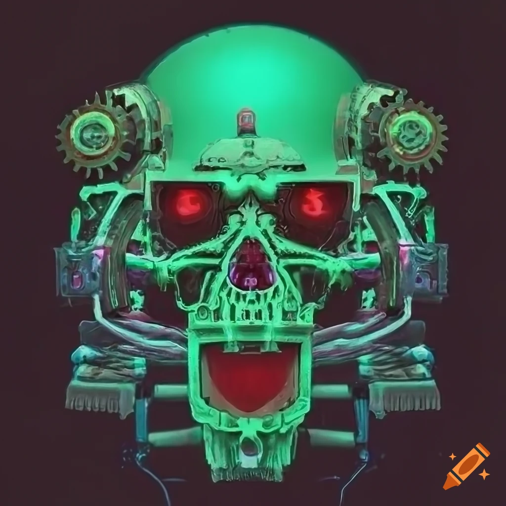 Adeptus mechanicus servo skull. protruding cables and cogs. one red ...