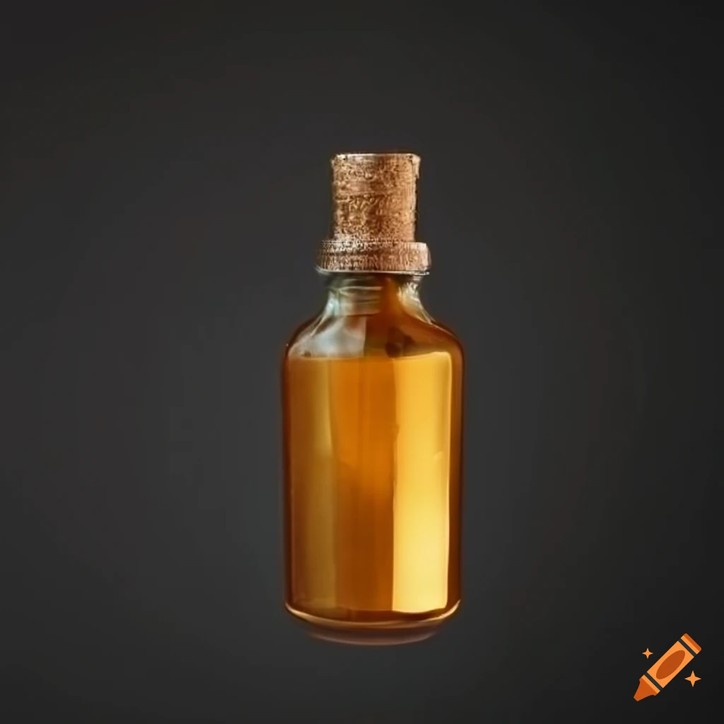 An alchemist's golden potion in golden flacon floating on black ...