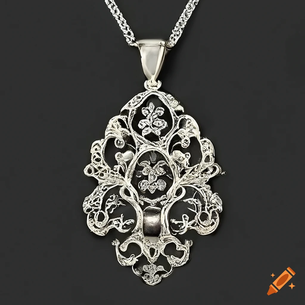 The pendant features an elaborate framework of ornate silver filigree ...