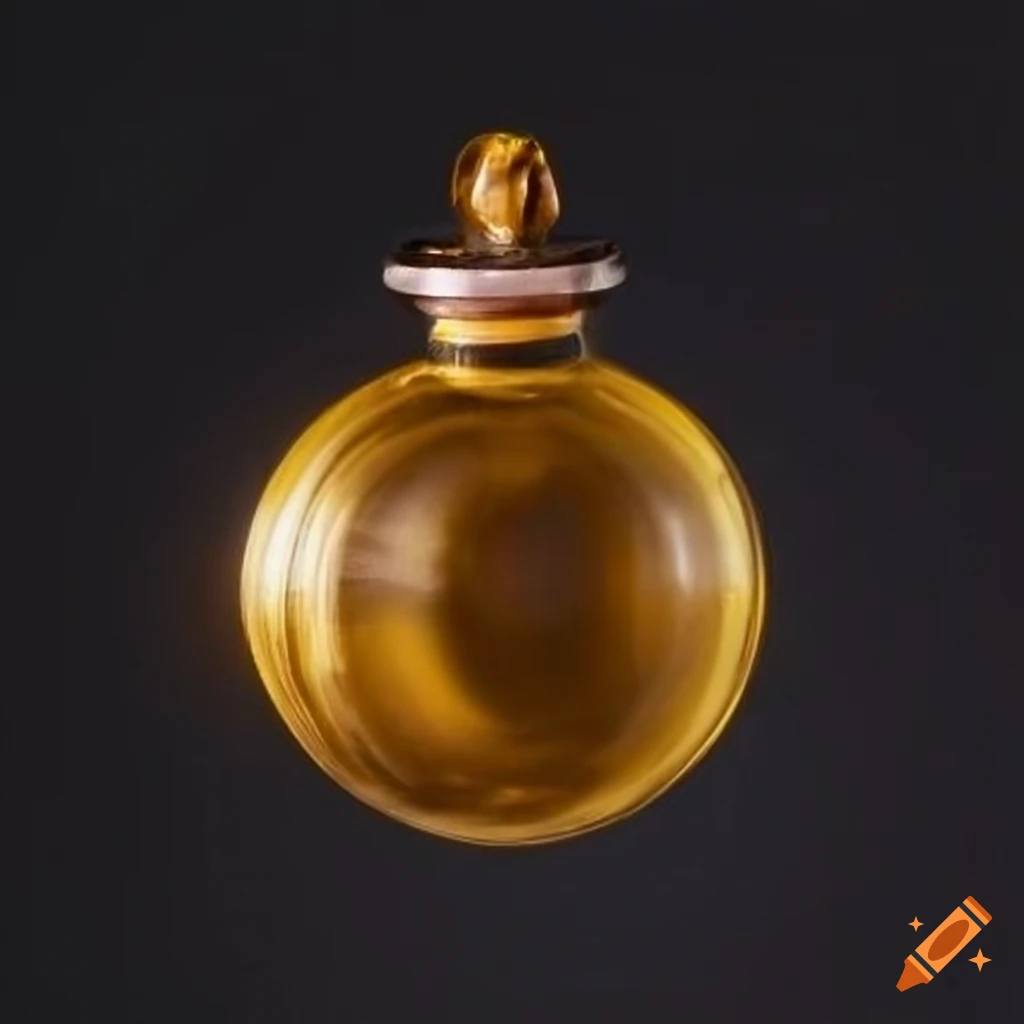 Eerie alchemist's potion inside a round golden flacon floating on black ...