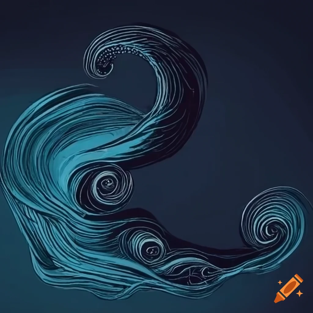 A sketch of ocean waves with elegant baroque and victorian styled rolls