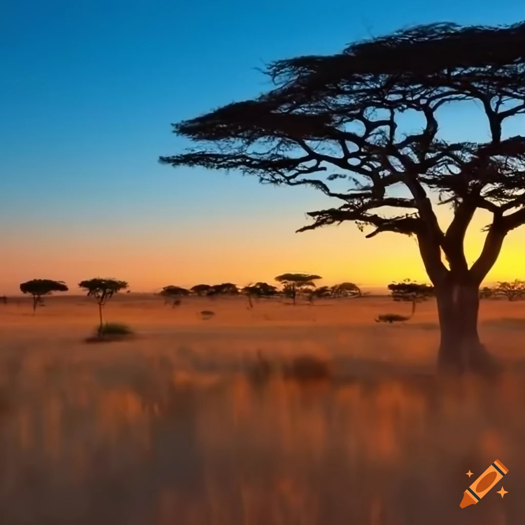 A stunning view of the african savanna at dawn on Craiyon