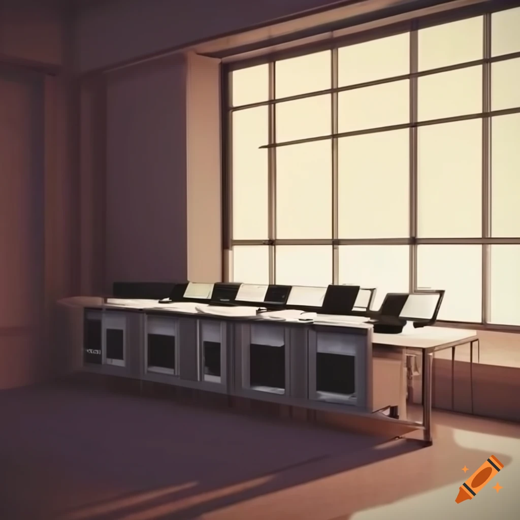 Modern computer room eight tables, side view, computer club, sunny day ...