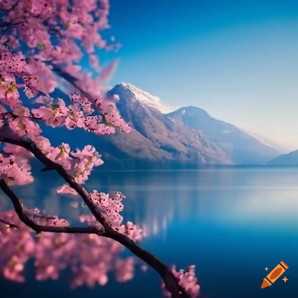 A beautiful cherry blossom tree with mountains and a lake
