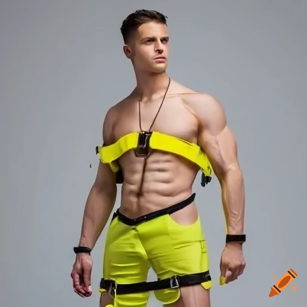 Muscular men wearing safety harness and totally yellow high visability pants and jacket on Craiyon