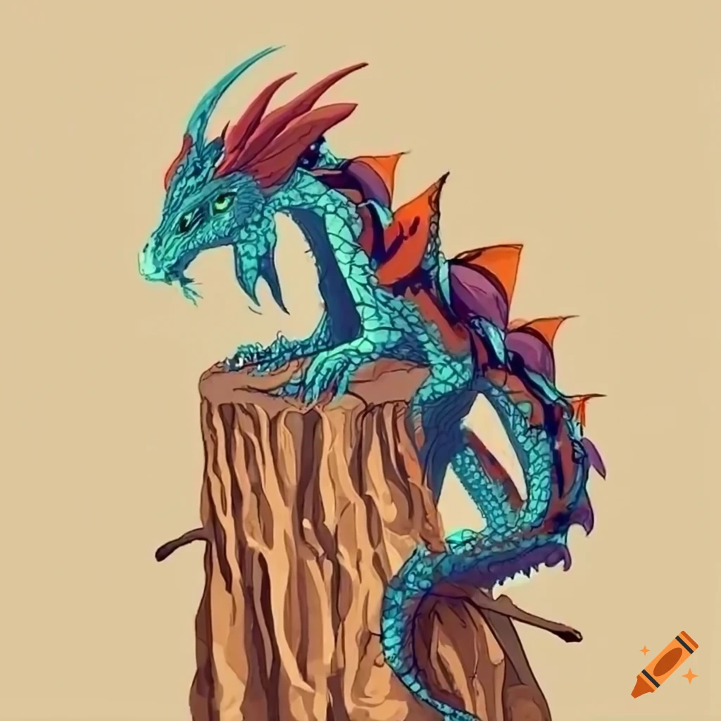A dragon resting on a tree trunk in the forest on Craiyon