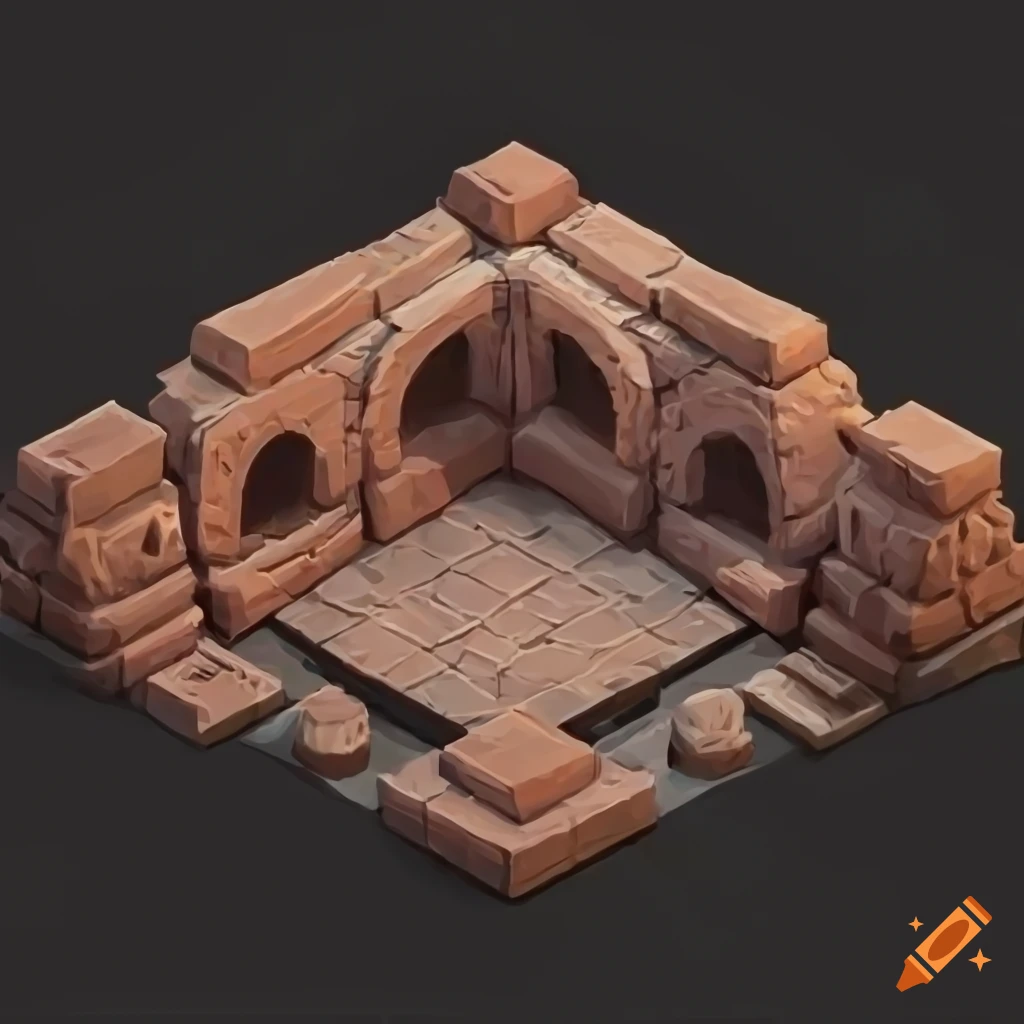 Detailed sandstone rpg isometric tomb tiles black background on Craiyon