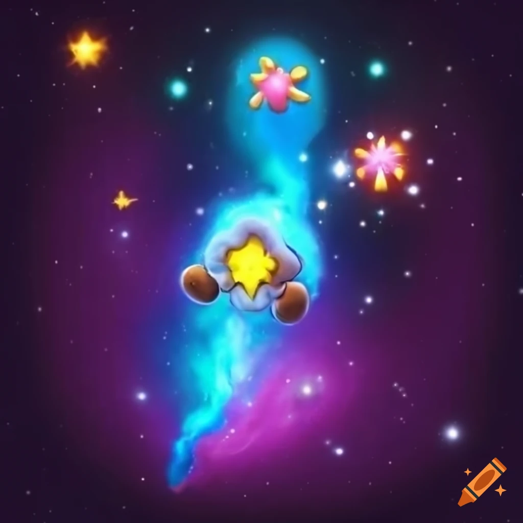 Pillars of creation nebula in the style of super mario galaxy