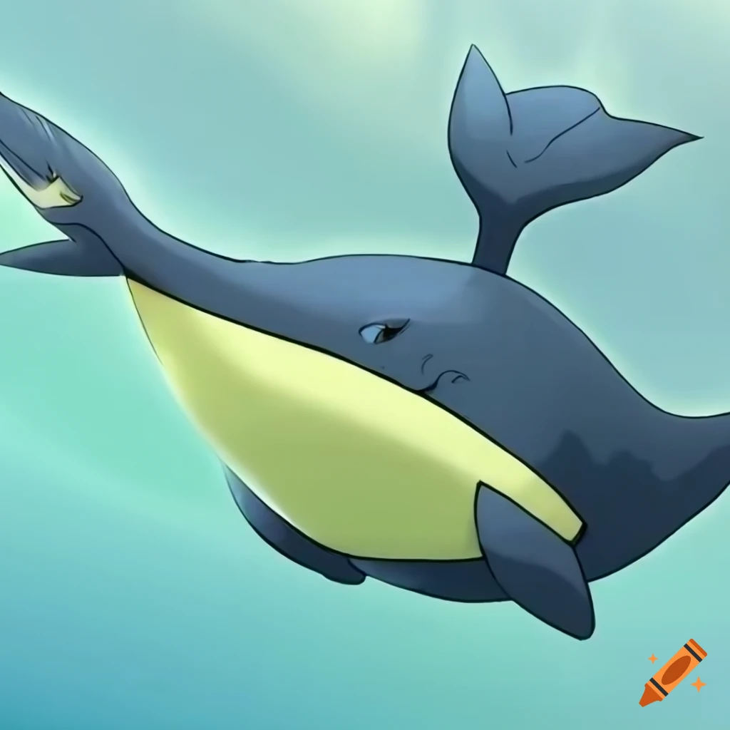 Flying-water type whale pokemon with green tail fin on Craiyon