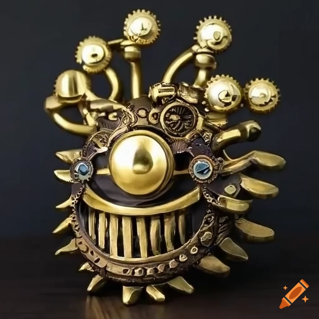 Steampunk-inspired mechanical beholder with brass and bronze accents on ...