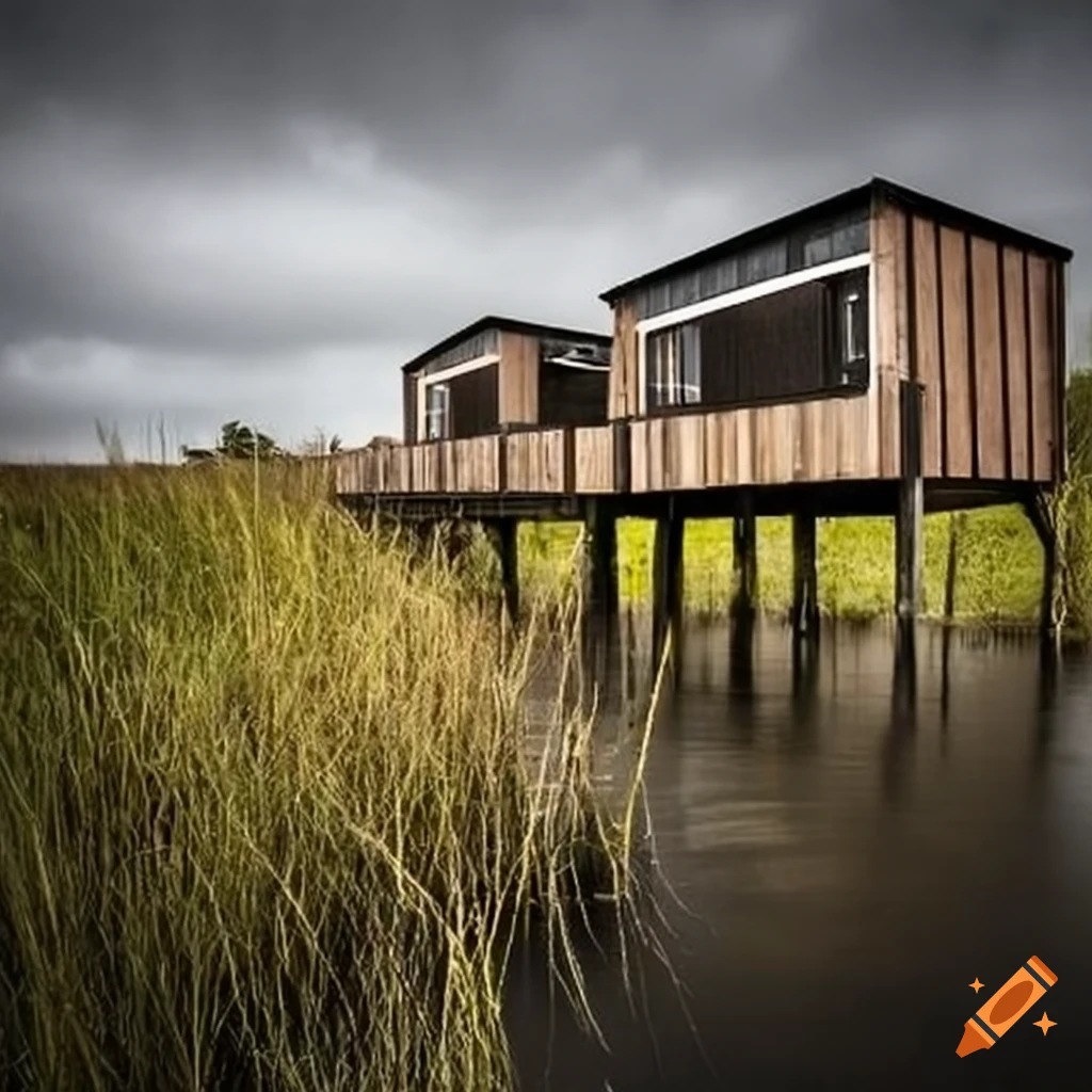 Modern timber small houses on stilts in a british wetland