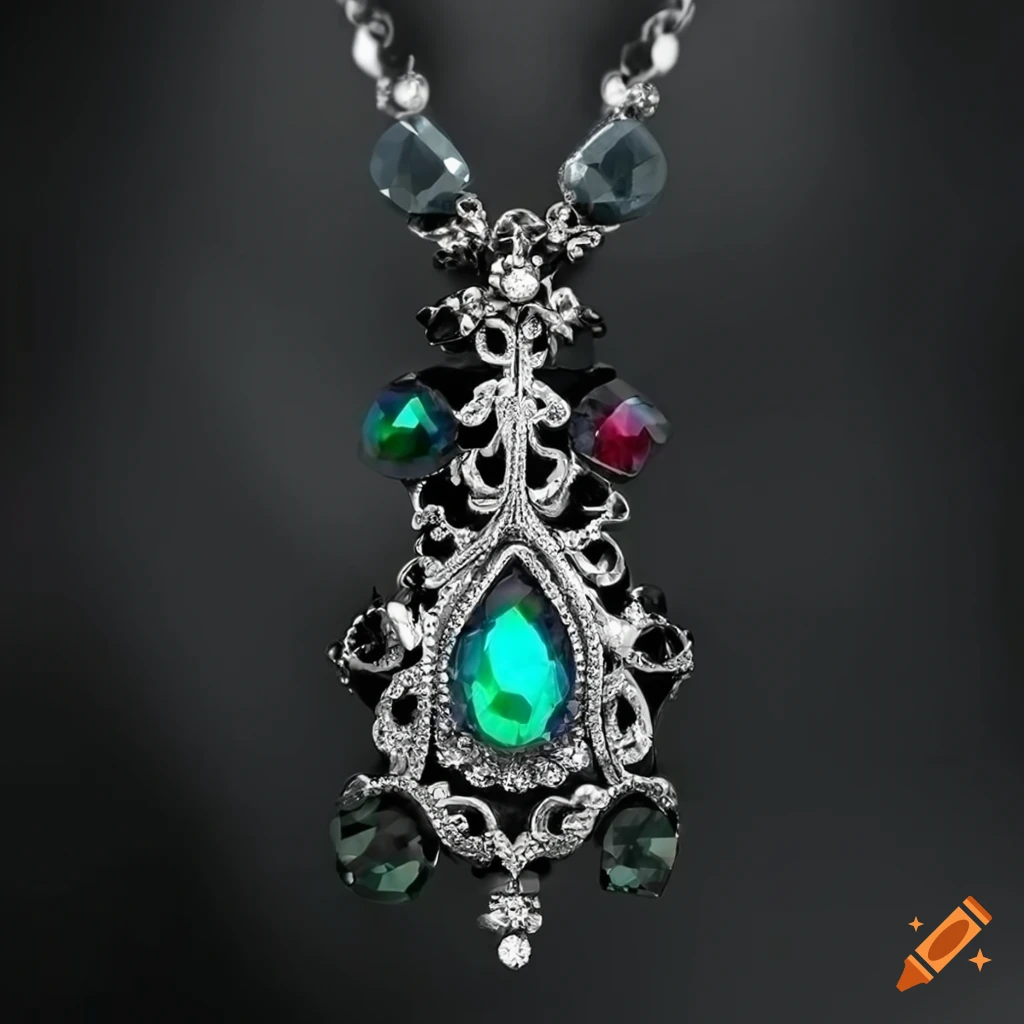 Gothic victorian silver gemstone necklace with elaborate framework ...
