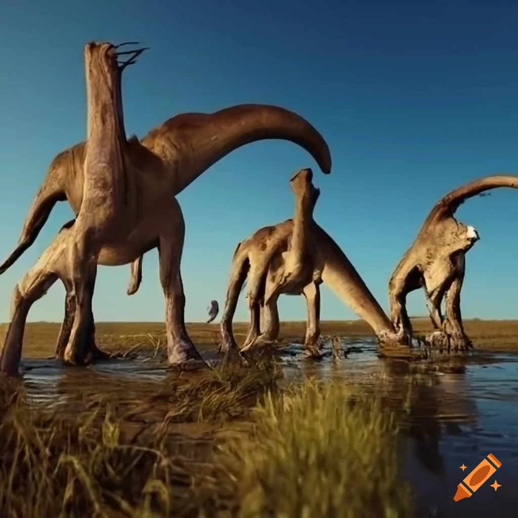 Three hadrosaurs walking through a marshland with some driftwood, taken from a very low angle ...