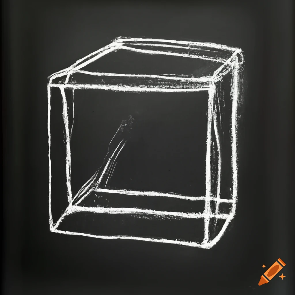 Transparent cube, fine chalk drawing in style of art brut, black on ...