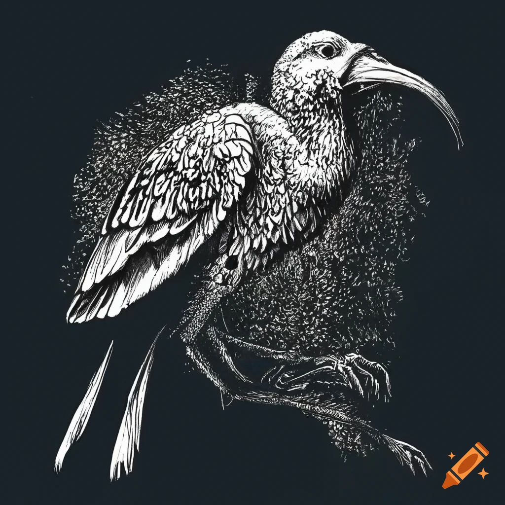 A hand-drawn black and white book illustration of shadow of a huge ...