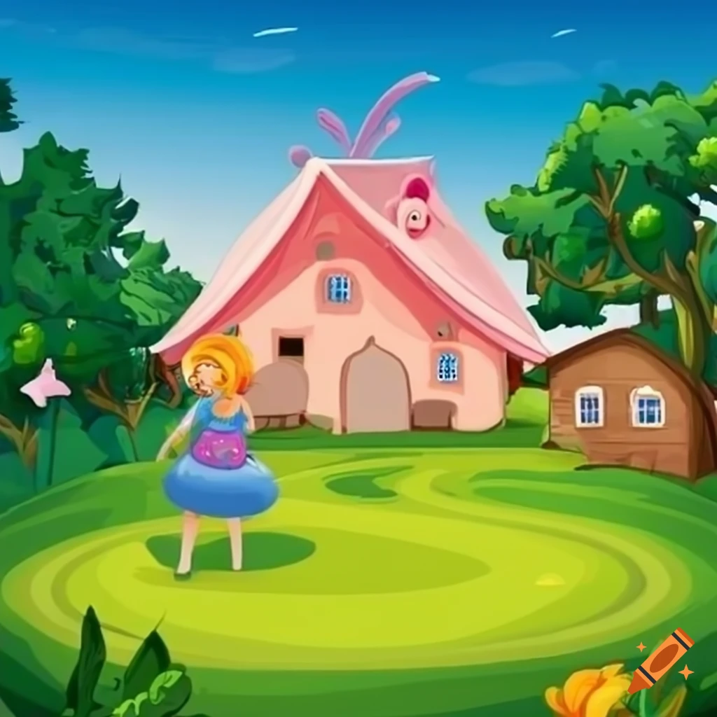 Peaceful village with a girl and bunny cartoon character