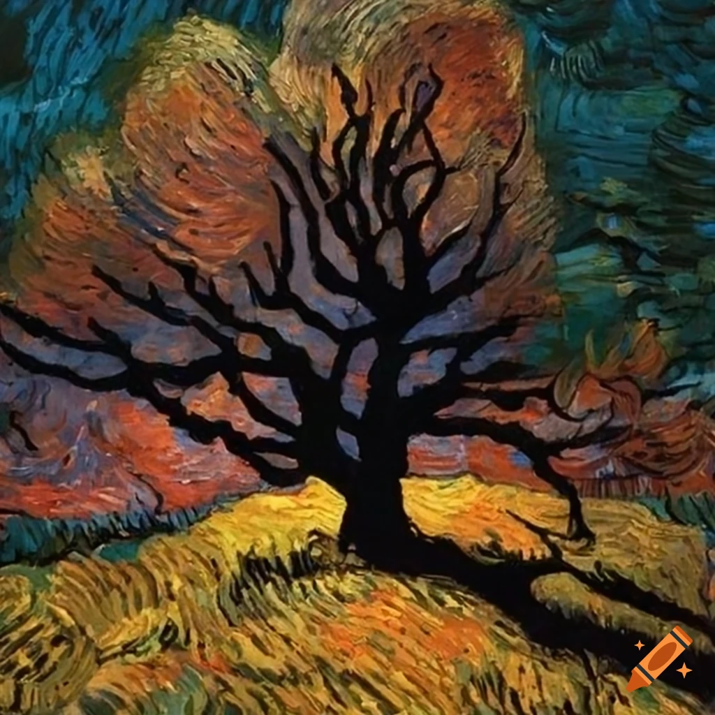 Vincent van gogh style tree silhouetted on a new england hillside on ...