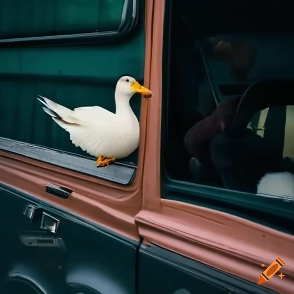 A duck waving out of the window of a man truck