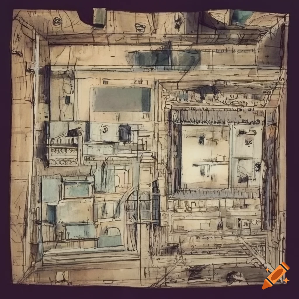 Military base sketch, multiple buildings, with a high fence, isolated ...