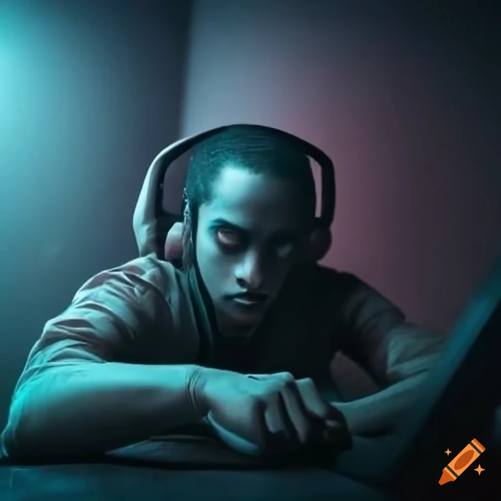 A gamer focused on the screen in a dark room on Craiyon