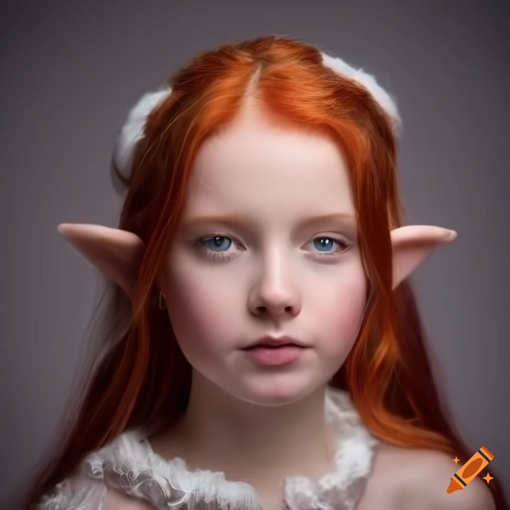 A young elven princess with pale skin and red hair in a winter dress on ...