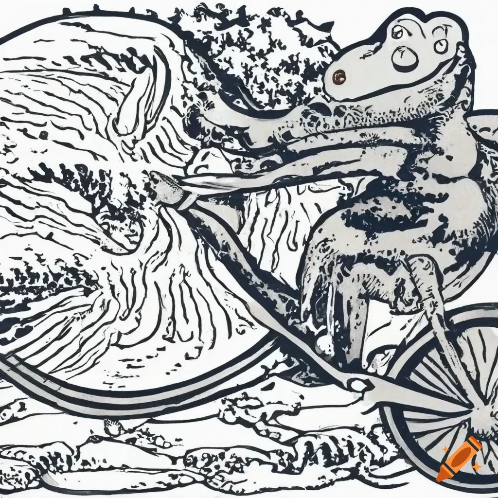 Japanese illustration frog riding bicycle in the style of hokusai