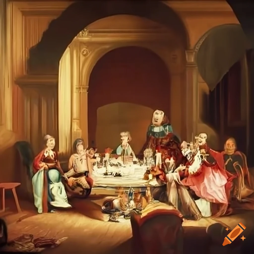 A banquet with a storyteller in front of the king