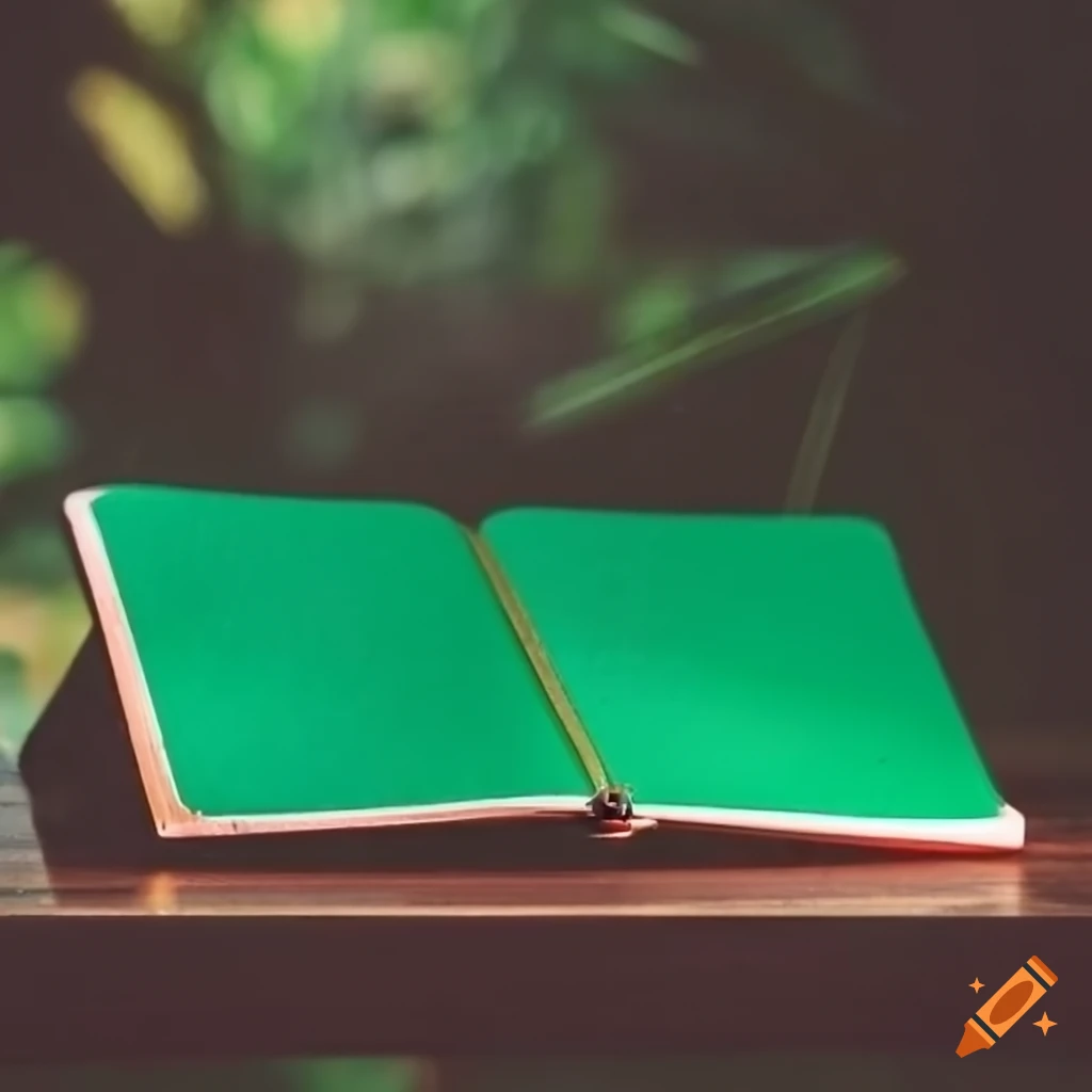 A paperback journal with a green screen cover on a sunny table on Craiyon