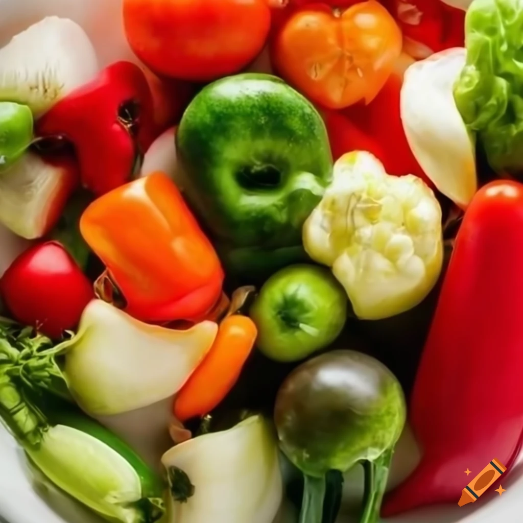 Photos of fresh vegetables in a white plate on the table on Craiyon