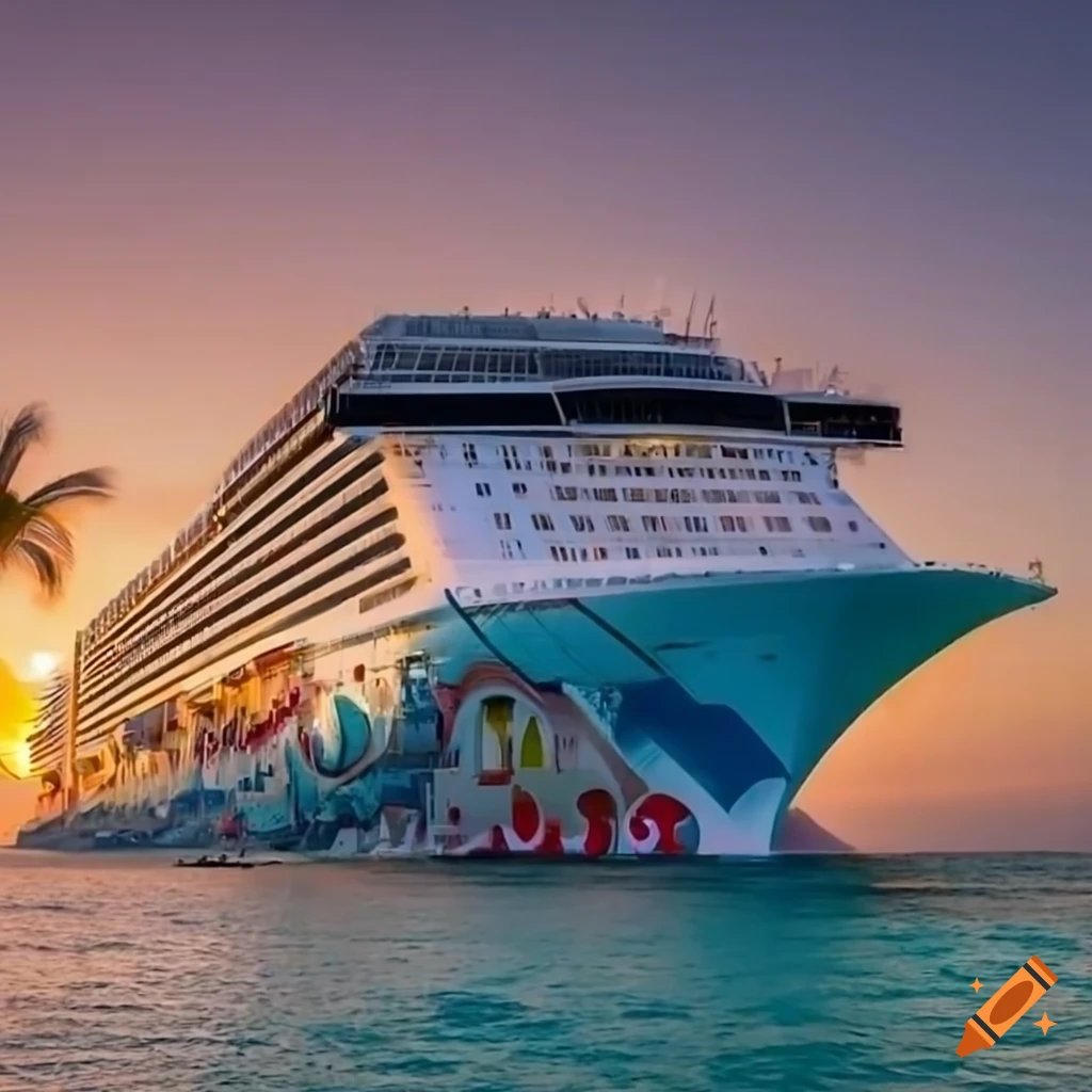 Norwegian encore cruise ship docked at cozumel mexico cruise port during sunset on Craiyon