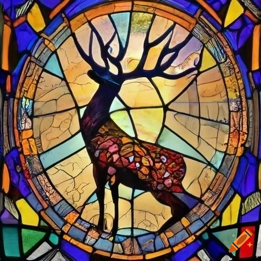 The sun shining through a stained glass window that depicts a buck
