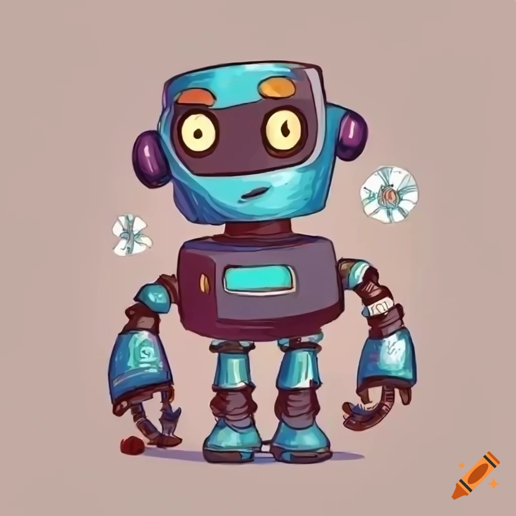 Cute cartoon robot posing with big feet on Craiyon