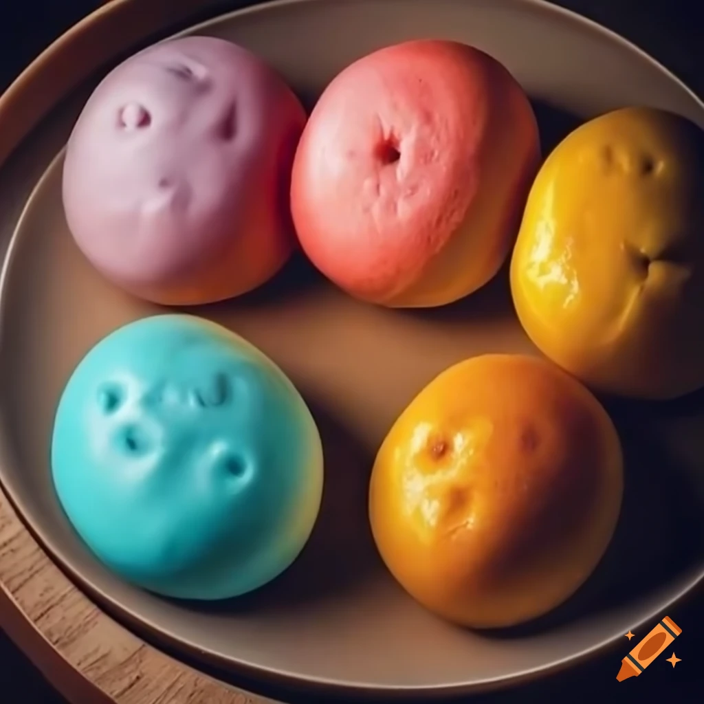Vibrant steamed buns in different colors and flavors on Craiyon