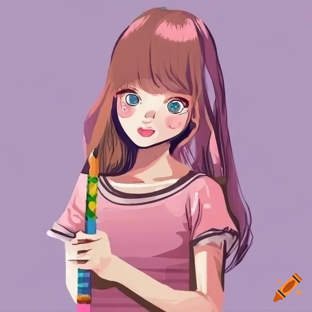 Portrait of a girl holding pencil with a cute anime style on Craiyon