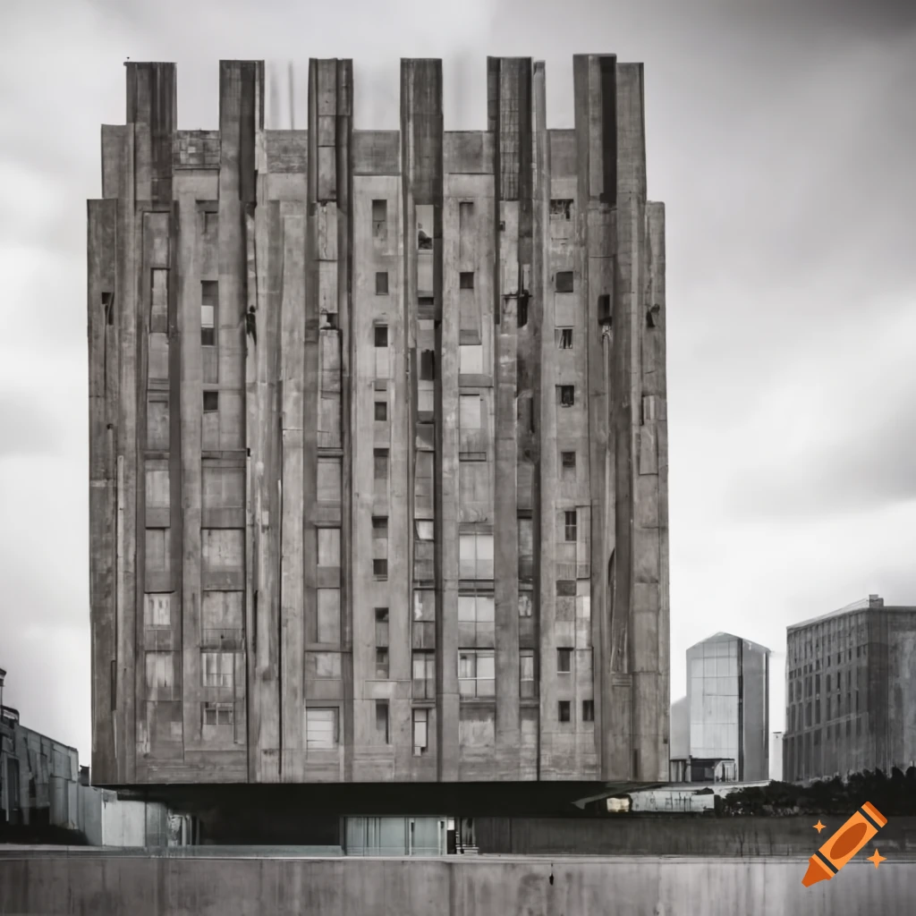 A tall brutalist concrete building