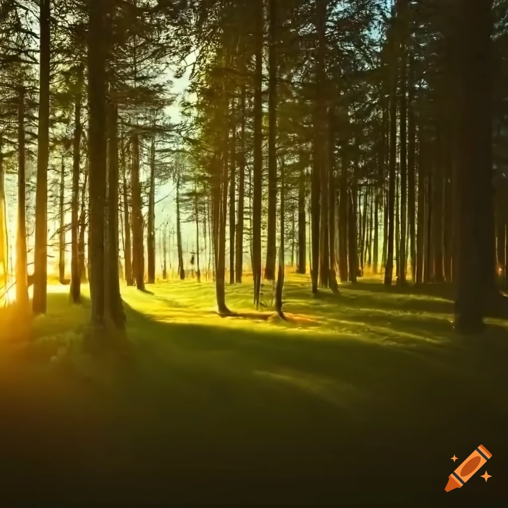 Valley of long pine trees with canopy of sunlight on Craiyon