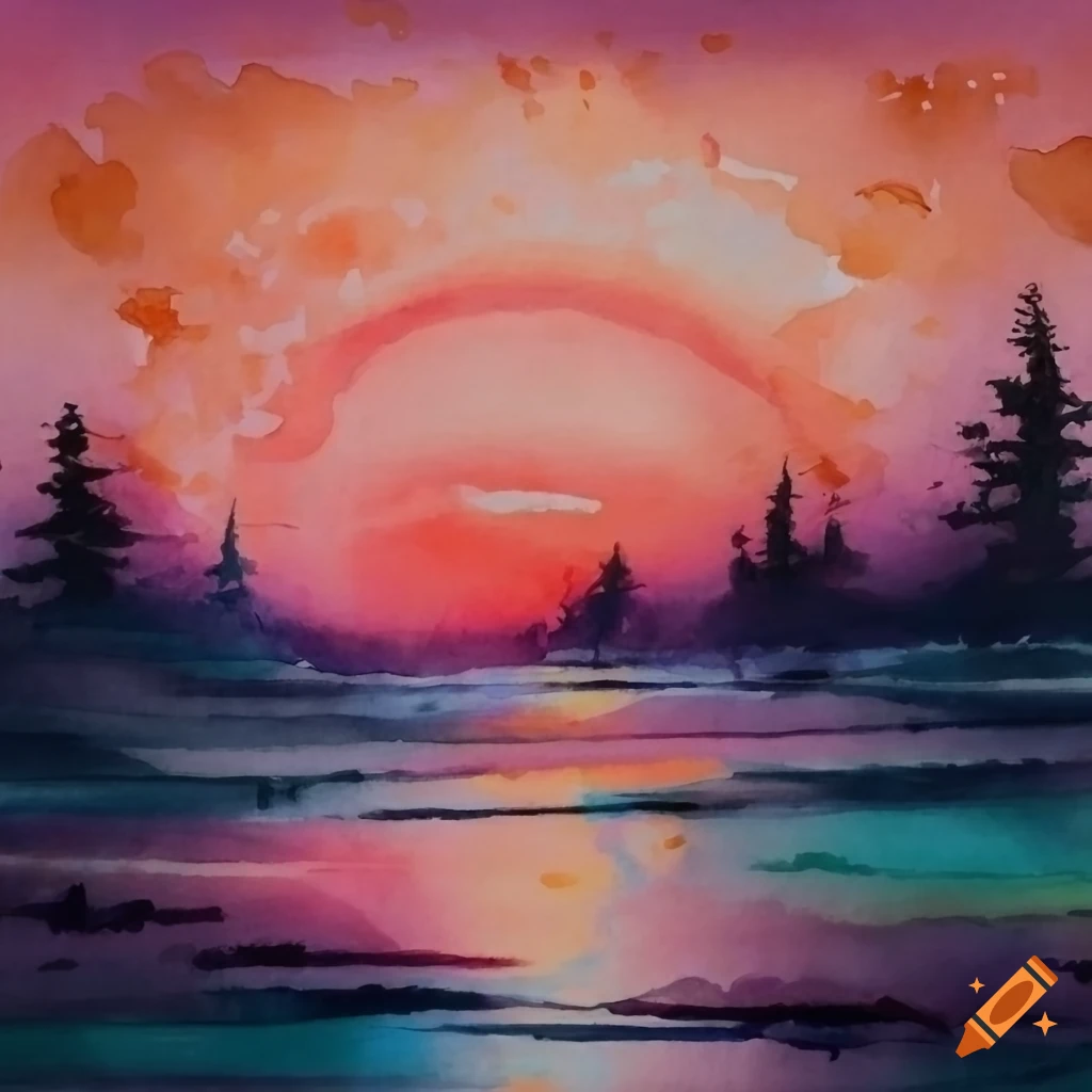 Watercolor landscape with sundown naiv on Craiyon