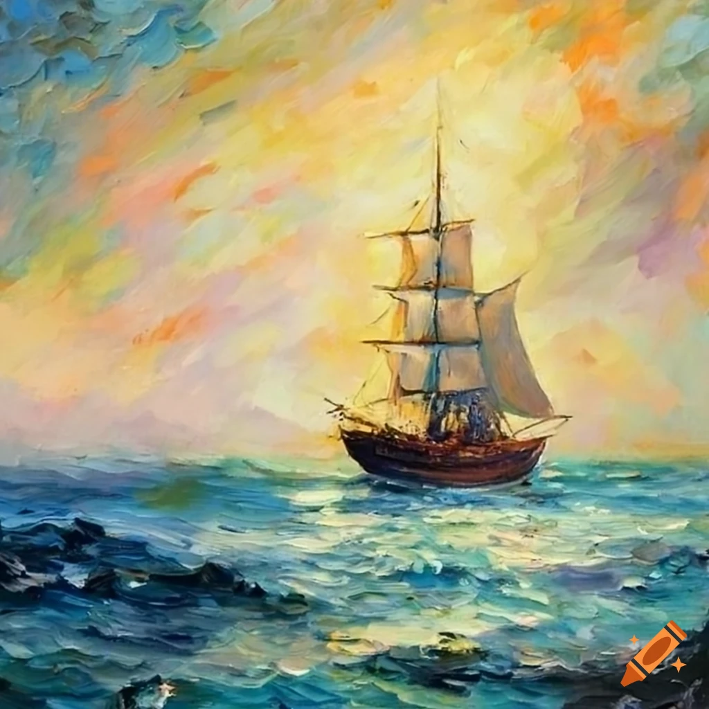 Impressionism oil painting of a ship in waves