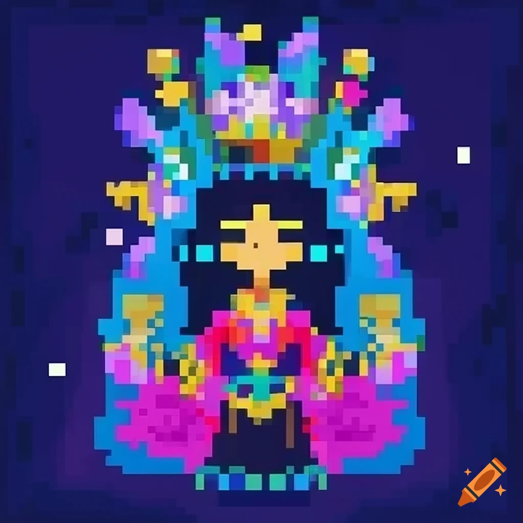 Vibrant pixel art of a regal queen in a colorful costume on Craiyon