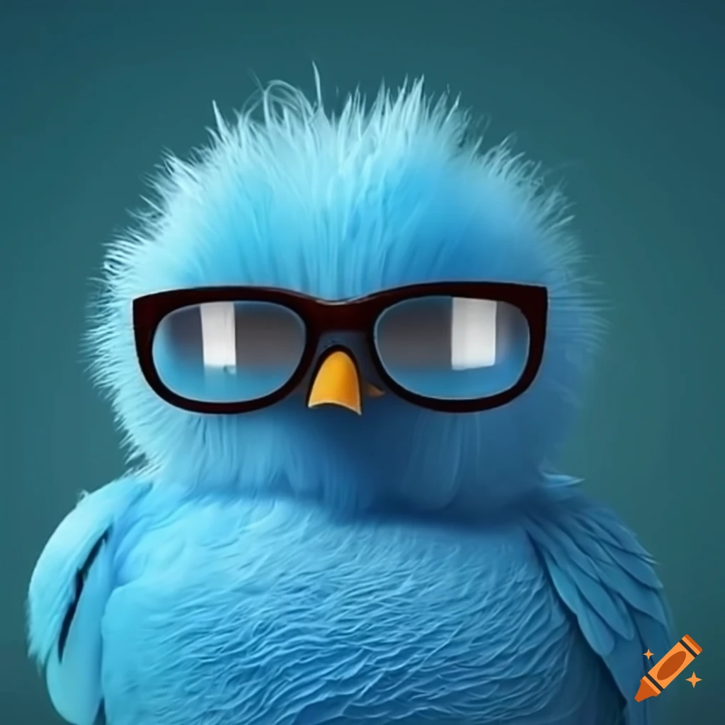 Cute blue bird looking smart and nerdy as ball shape