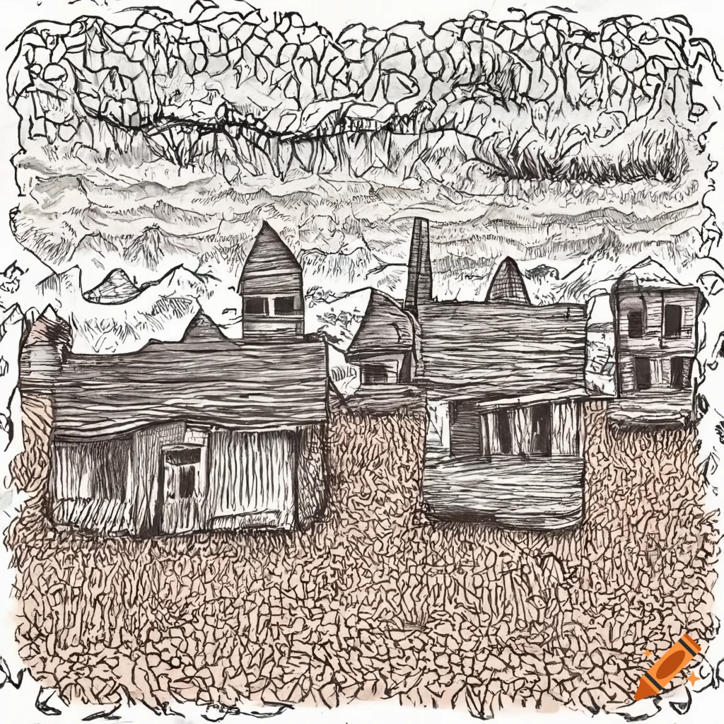 A hand-drawn illustration of an abandoned village with dilapidated ...