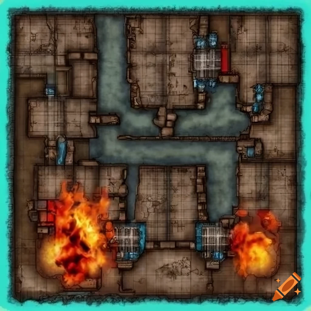 Top-down rpg game map depicting a castle ruin and burning city on Craiyon