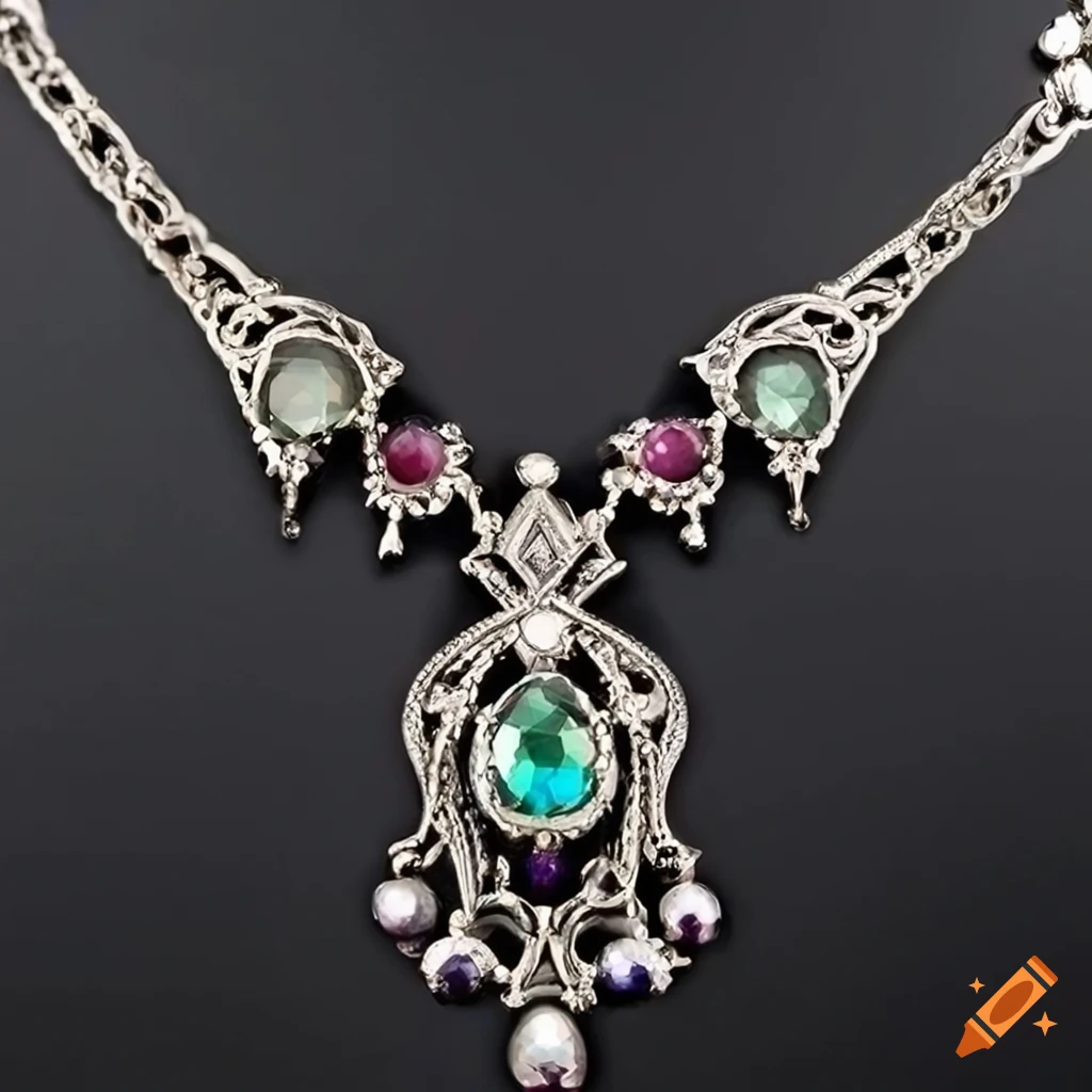 Gothic victorian silver gemstone necklace with elaborate framework ...