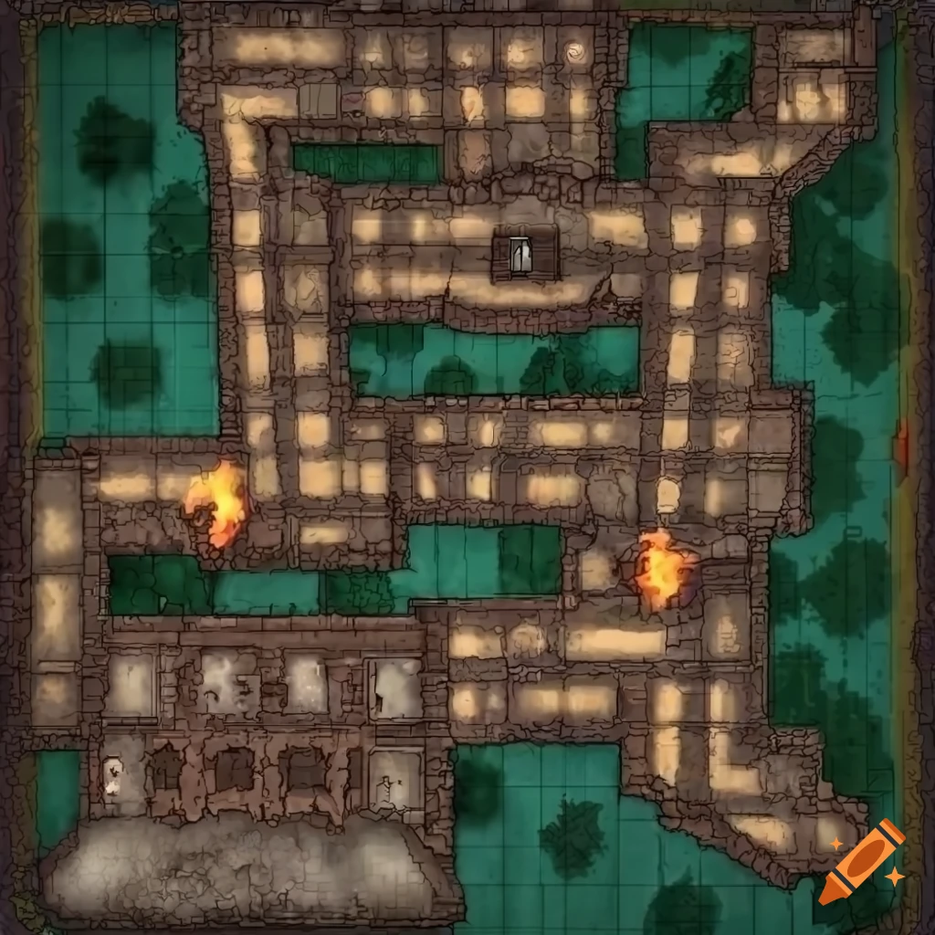 Top-down rpg game map depicting a castle ruin and burning city on Craiyon