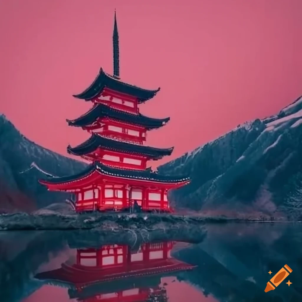 Red japanese temple with a snowy mountain on Craiyon