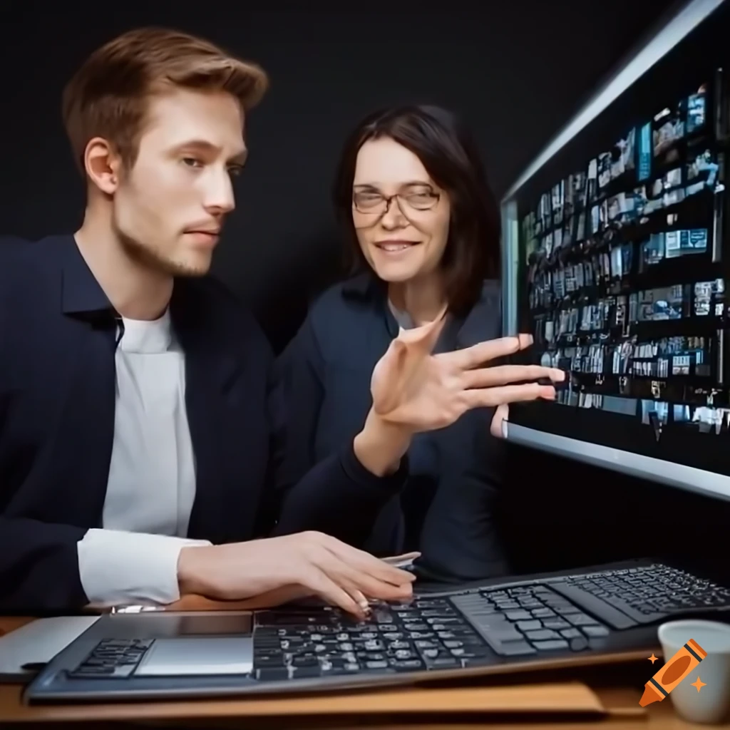 Two coworkers gesturing in collaboration in front of computer with ...