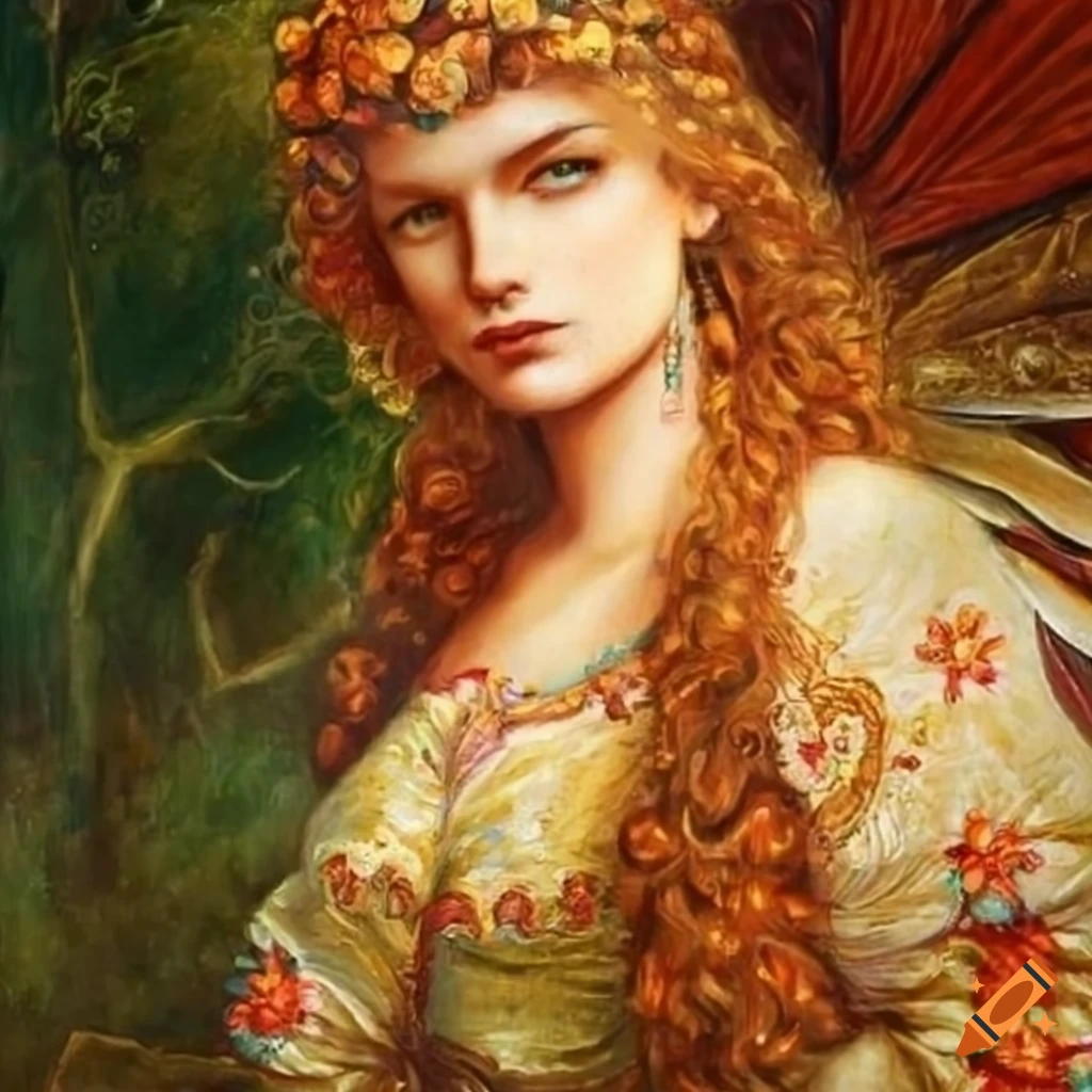Ukrainian woman fairy in pre-raphaelite painting style