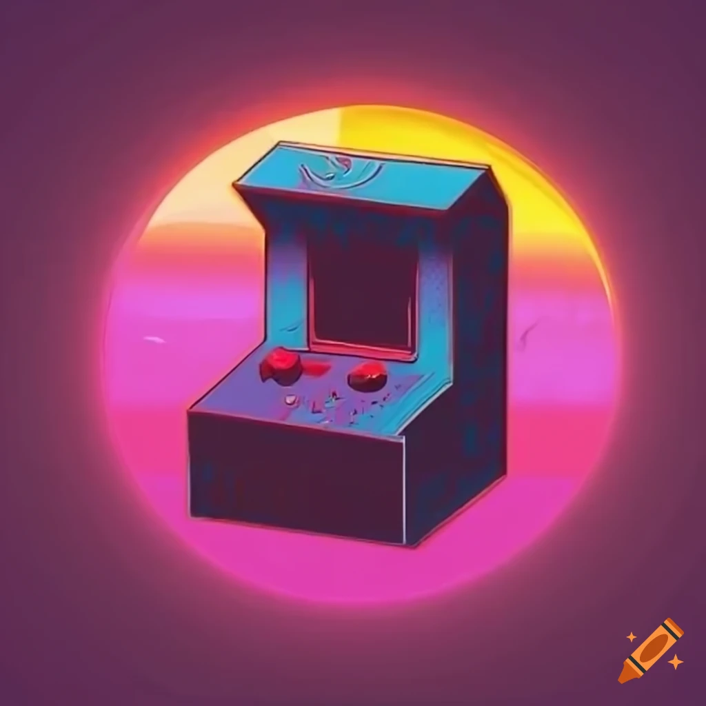 Retro arcade-style emblem with a fiery synthwave sunset on Craiyon