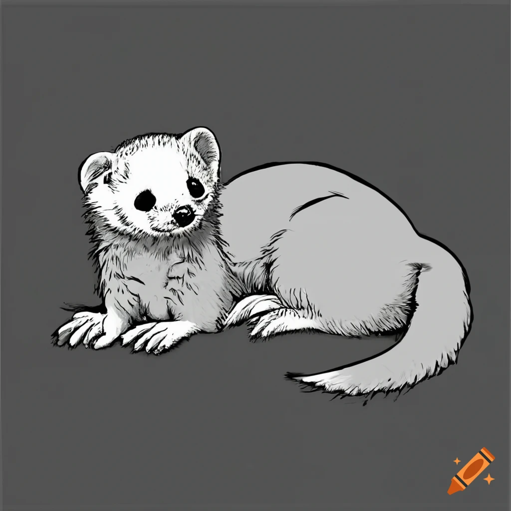 A white stoat sleeping peacefully on a black background